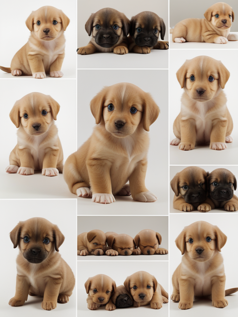 Adorable Group of Playful Puppies with Various Coat Colors and Expressions