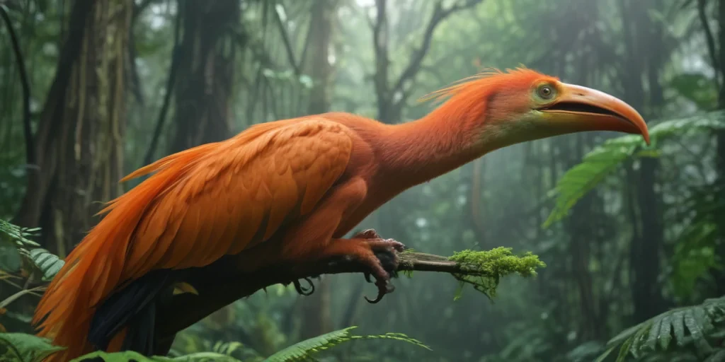 A Vibrantly Colored Bird Perched in a Lush Tropical Rainforest Setting.