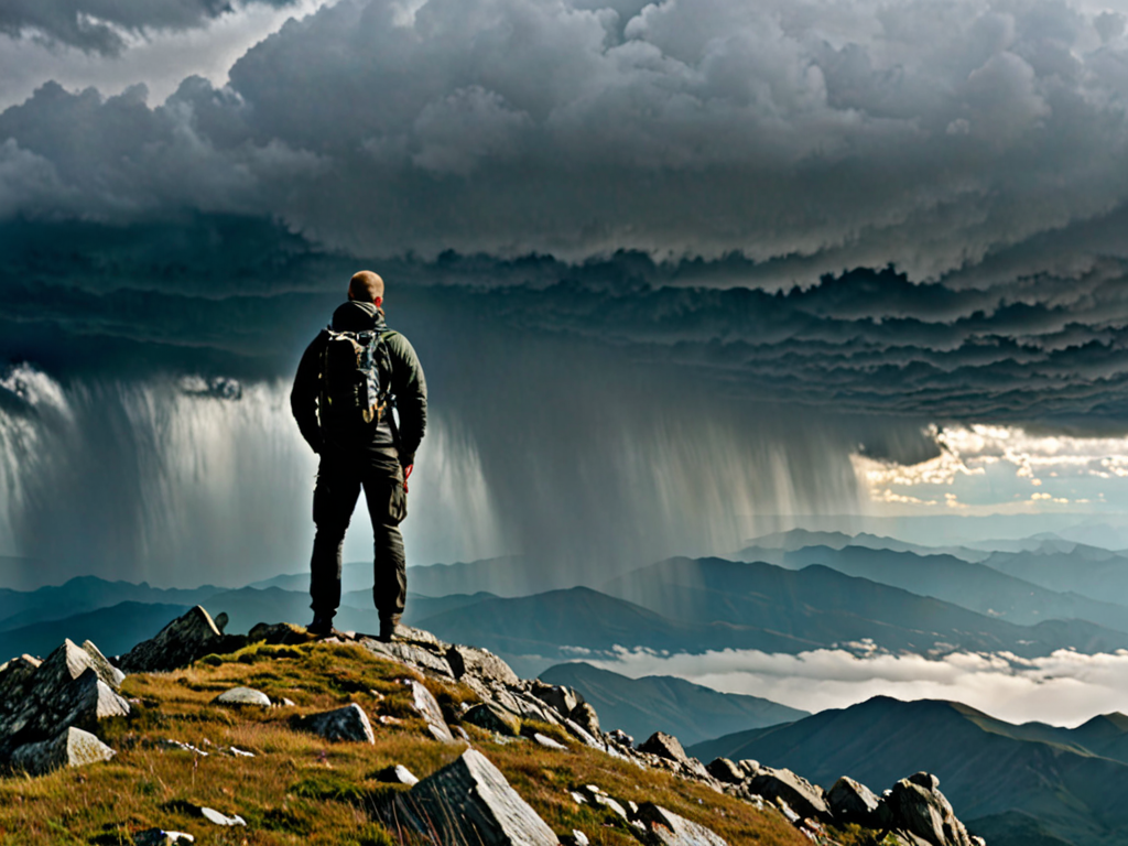 A solitary figure standing on a rugged mountain peak, facing a stormy ...