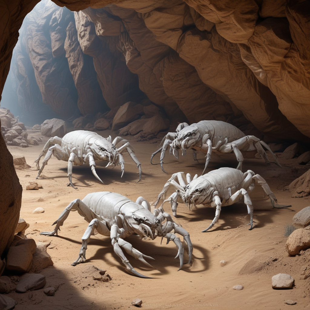 two, big, white, scorpions, in stone cave, fantasy, concept art