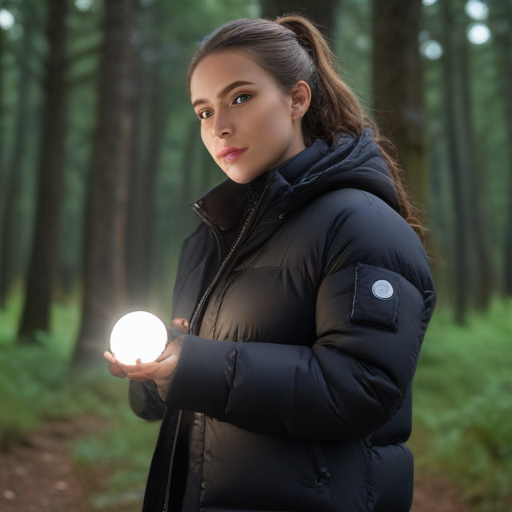 black puffer jacket with one large round flashlight built in the jacket ...