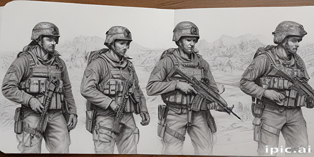 Detailed Illustration of Four Soldiers in Tactical Gear and Combat Stance