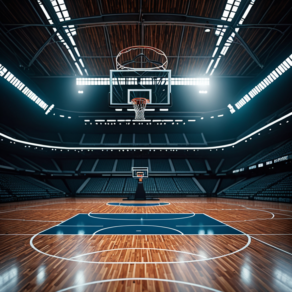 ultra realistic indoor basketball arena, perfect lines, low angle ...