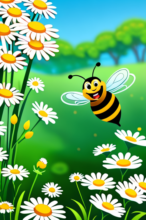 The cartoon of a happy bee, flying over flowers.