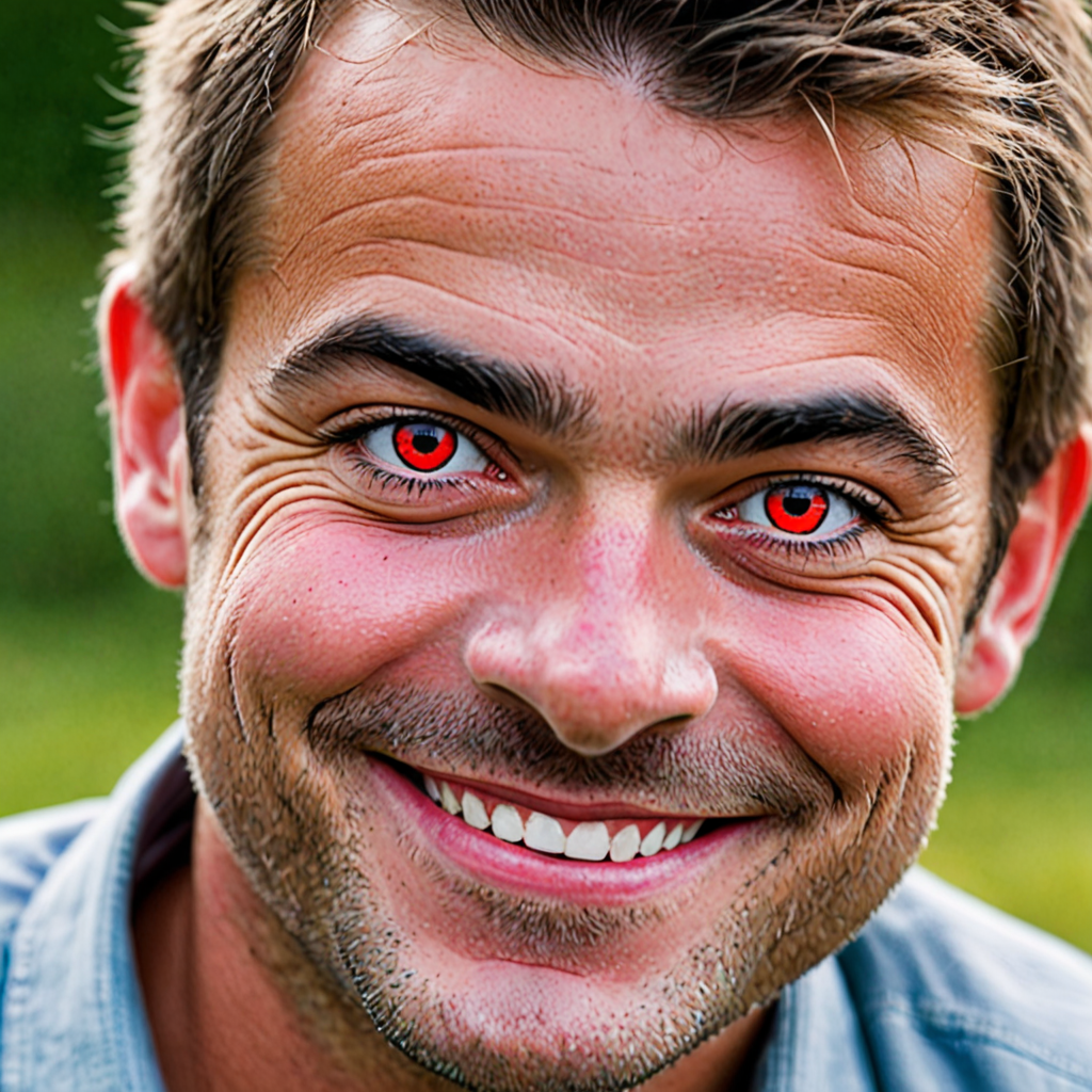 smiling buffoon with black eyes and red pupil