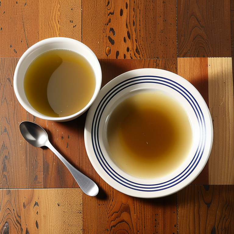 A Bowl and a Cup of Light Brown Broth on Wooden Surface.