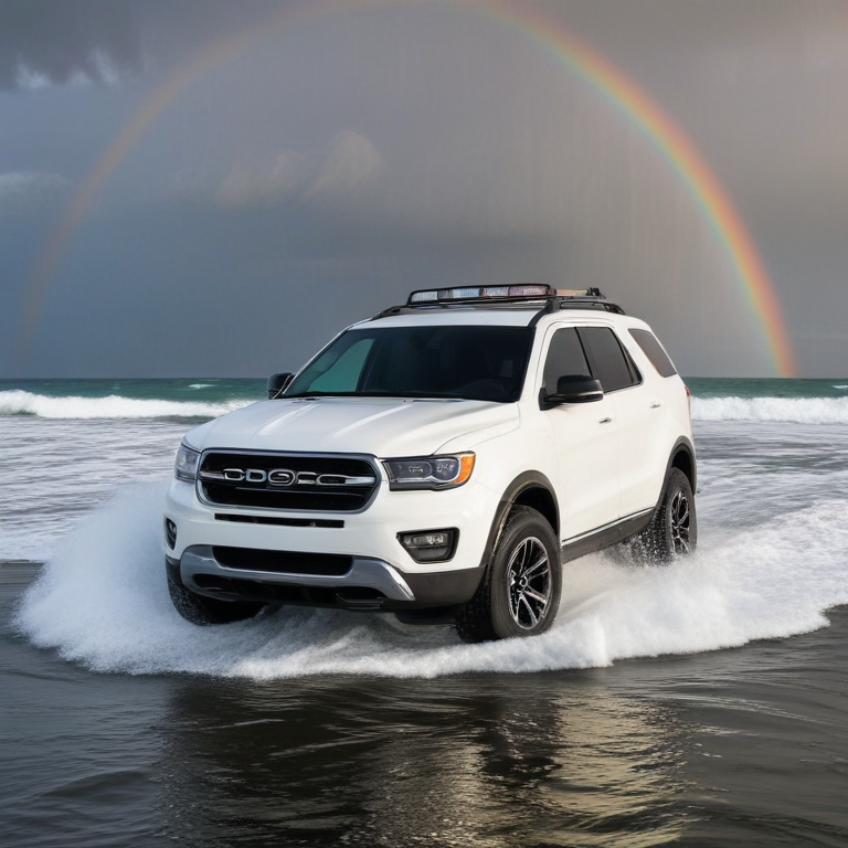 White dodge ram black Ford explorer over rainbow floating in Ocean