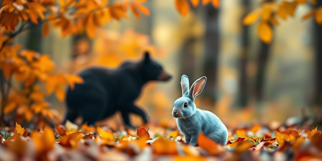 Curious Rabbit Exploring a Colorful Autumn Forest with a Bear Nearby