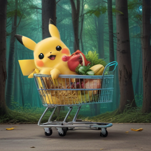 anime pikachu in a shopping cart teal forest