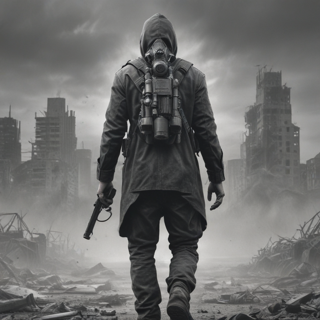 post apocalyptic survivor man with gasmask on back to camera gun ...