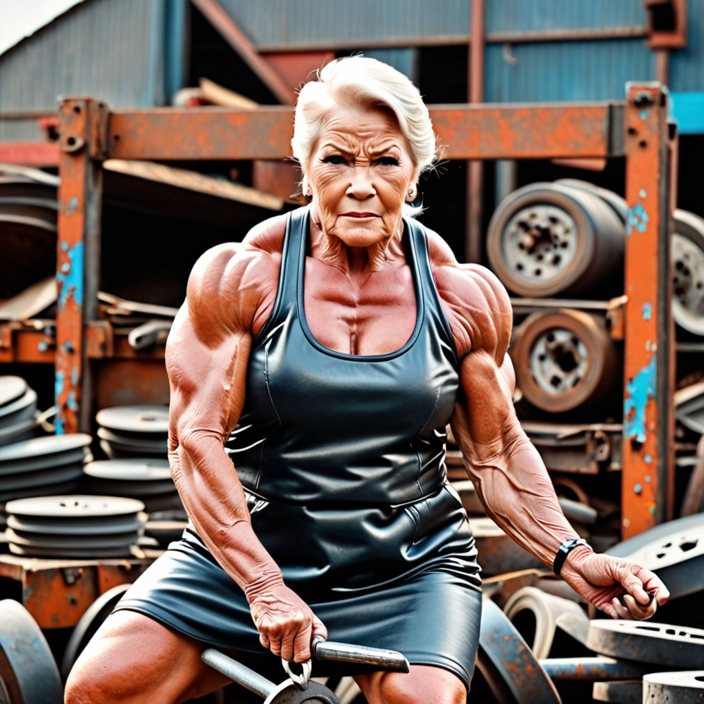 A very strong muscular elderly female very overweight bodybuilder in a ...