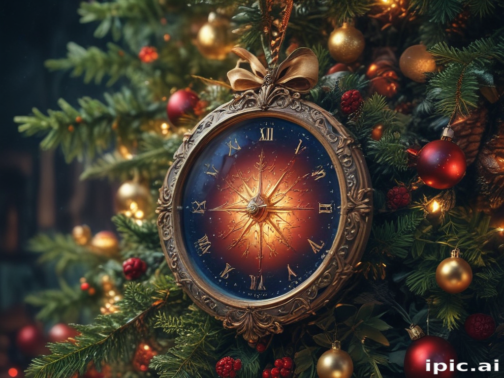 A Beautifully Decorated Clock Hanging Among Twinkling Christmas Tree Lights