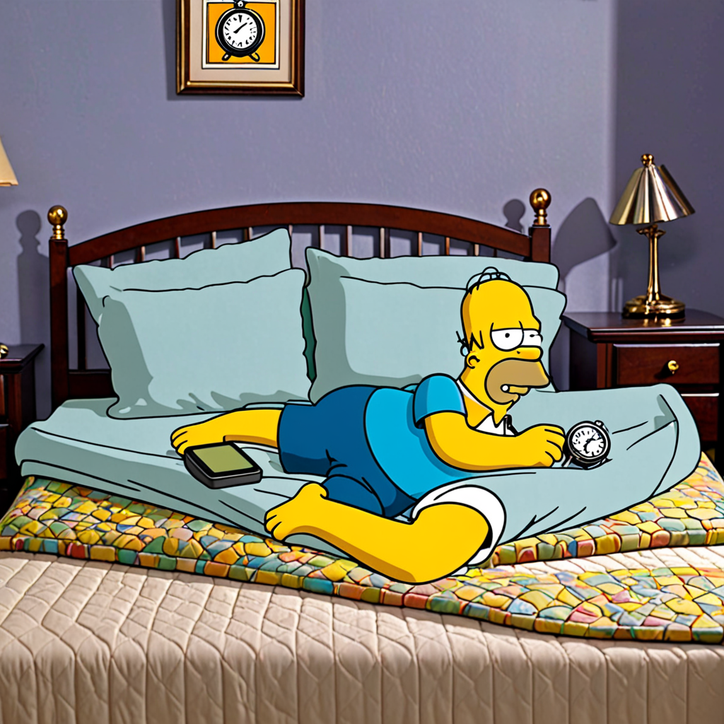 Homer simpson in bed with a ringing alarm clock, simpsons style