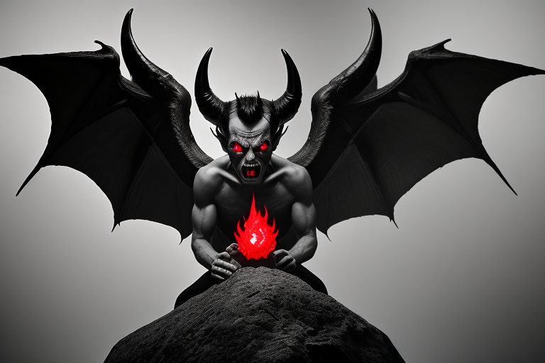 Powerful Demon with Fiery Red Eyes and Wings Summoning Dark Energy