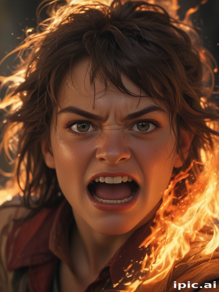 Fierce Determination: A Young Woman Surrounded by Fiery Chaos and Emotion