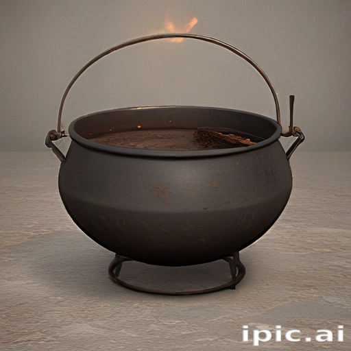 An Ancient Black Cauldron Simmering Over a Flickering Flame in a Dim Room