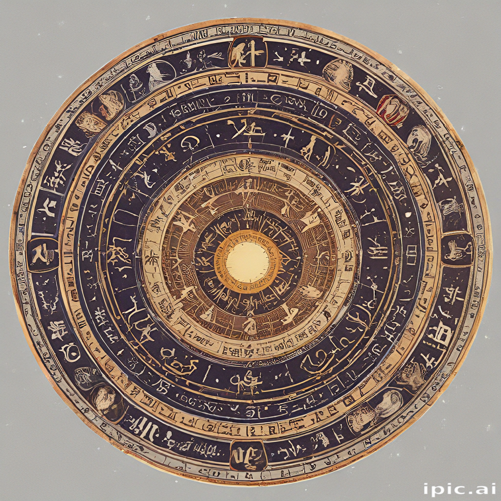 Ancient Astrological Wheel Featuring Zodiac Signs and Celestial Symbols ...