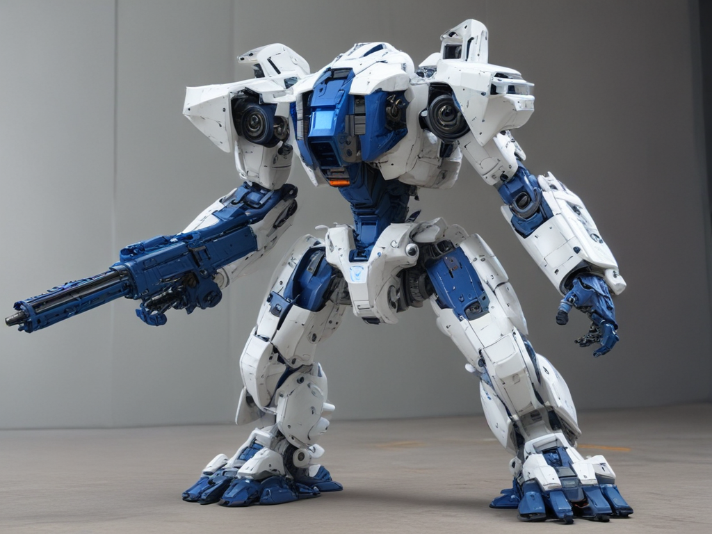 A high tech hovering blue and white mech with a railgun arm