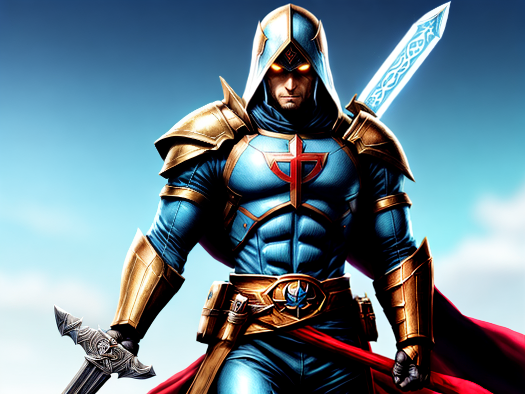 Templar, Anime, Man, full body, Blue Hair, Sword in right hand, Shield ...