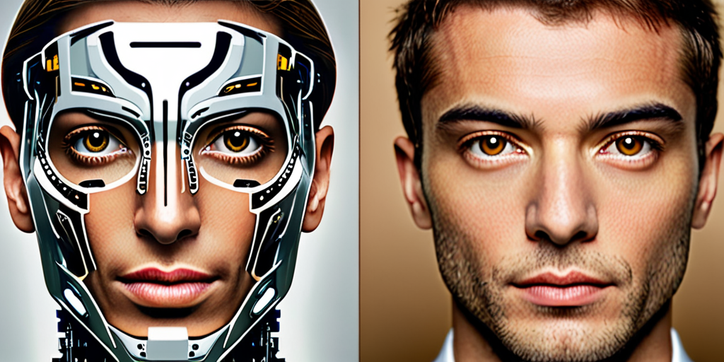 ONE HUMAN FACE HALF HUMAN AND HALF ROBOT IN HAMONY COMPINED IN ONE FACE