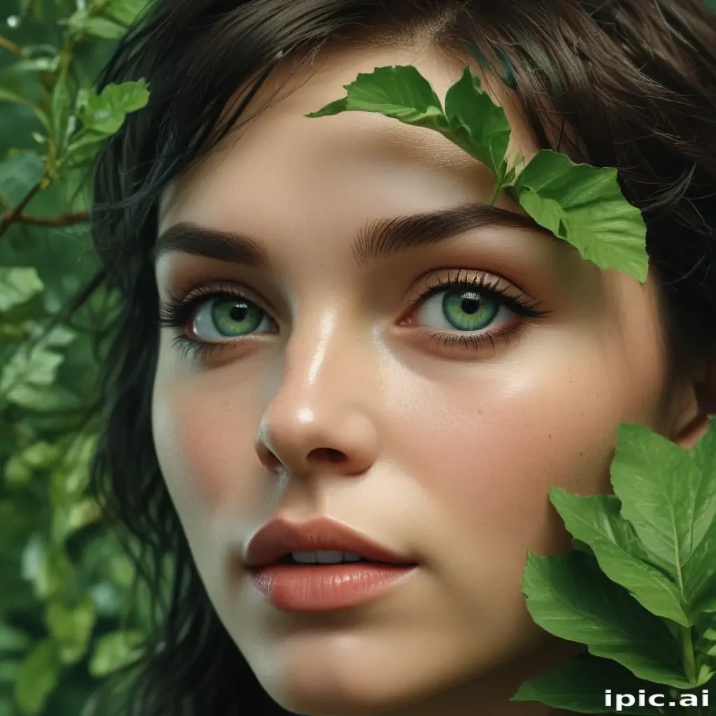 Captivating Portrait of a Young Woman Surrounded by Lush Green Leaves