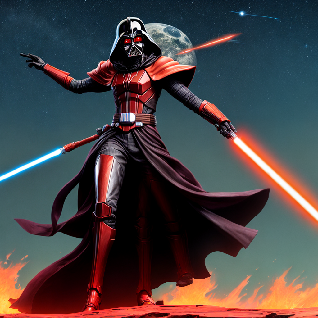 Star wars sith in a dessert with a hood and a orange lighsaber thats ...