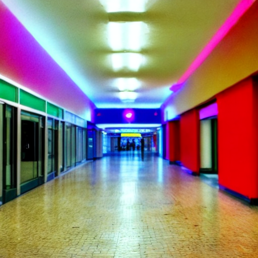 Empty mall shining with red lights