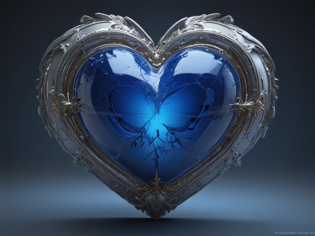 Intricate Glass Heart Design with Shattered Blue Center and Ornate Frame