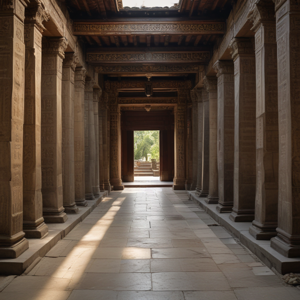 at the entrance of the temple, facing a long corridor. The temple has ...
