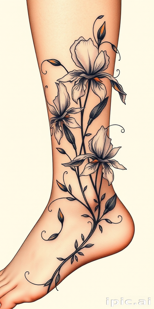 Elegant Floral Tattoo Design Adorning the Ankle with Graceful Blooms