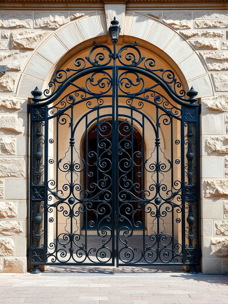 Elegant Ornate Iron Gate Leading to a Beautiful Stone Archway Entrance