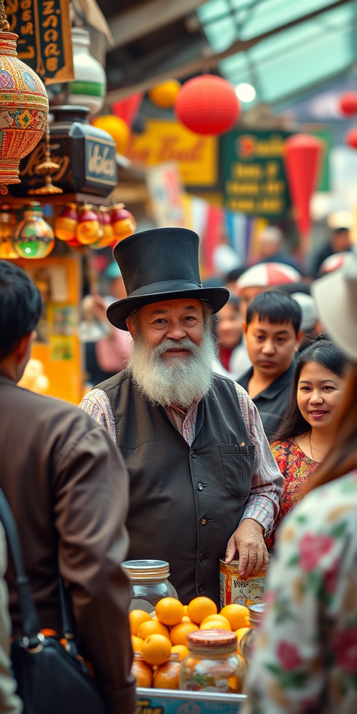A Cheerful Vendor in a Bustling Market Surrounded by Engaged Shoppers
