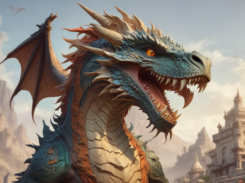Majestic Dragon with Vibrant Scales Roaring in a Fantasy Landscape Setting.