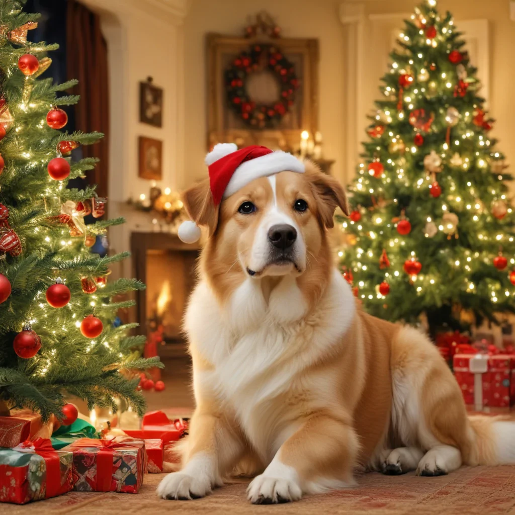 A Festive Dog in a Santa Hat Surrounded by Christmas Cheer and Decorations