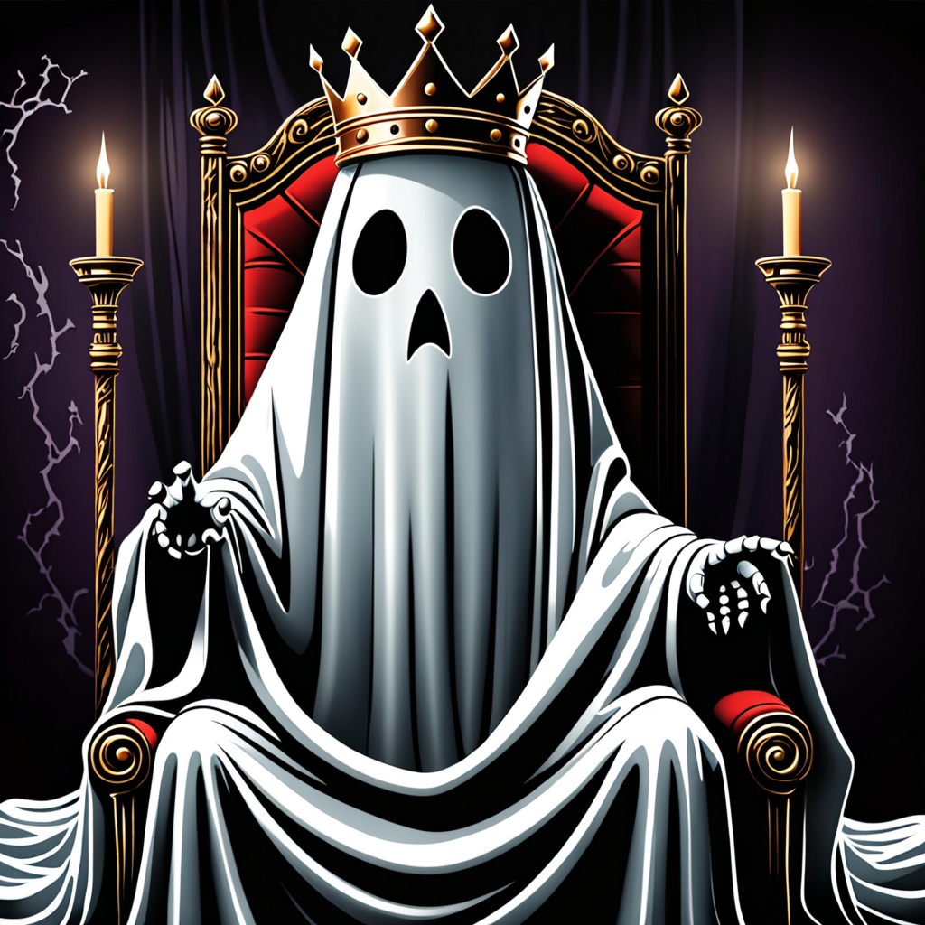 a scary bedsheet ghost king with a king crown sitting on a scary throne ...