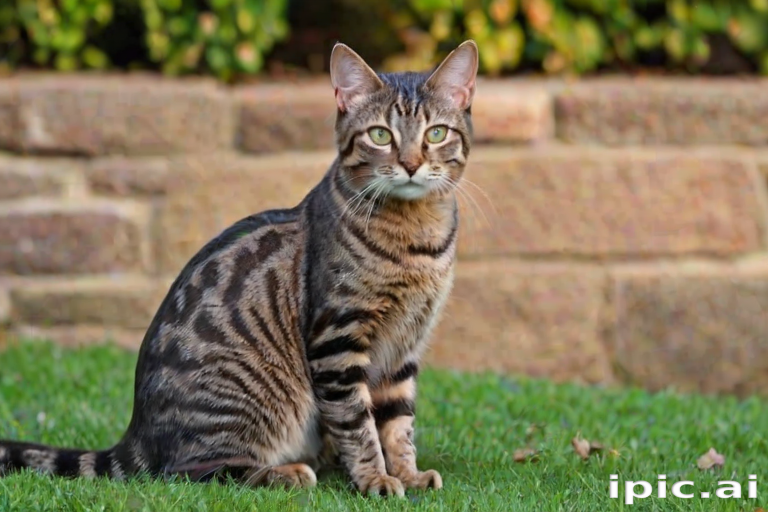 A Beautiful Striped Cat Sitting Gracefully on Green Grass Outdoors.