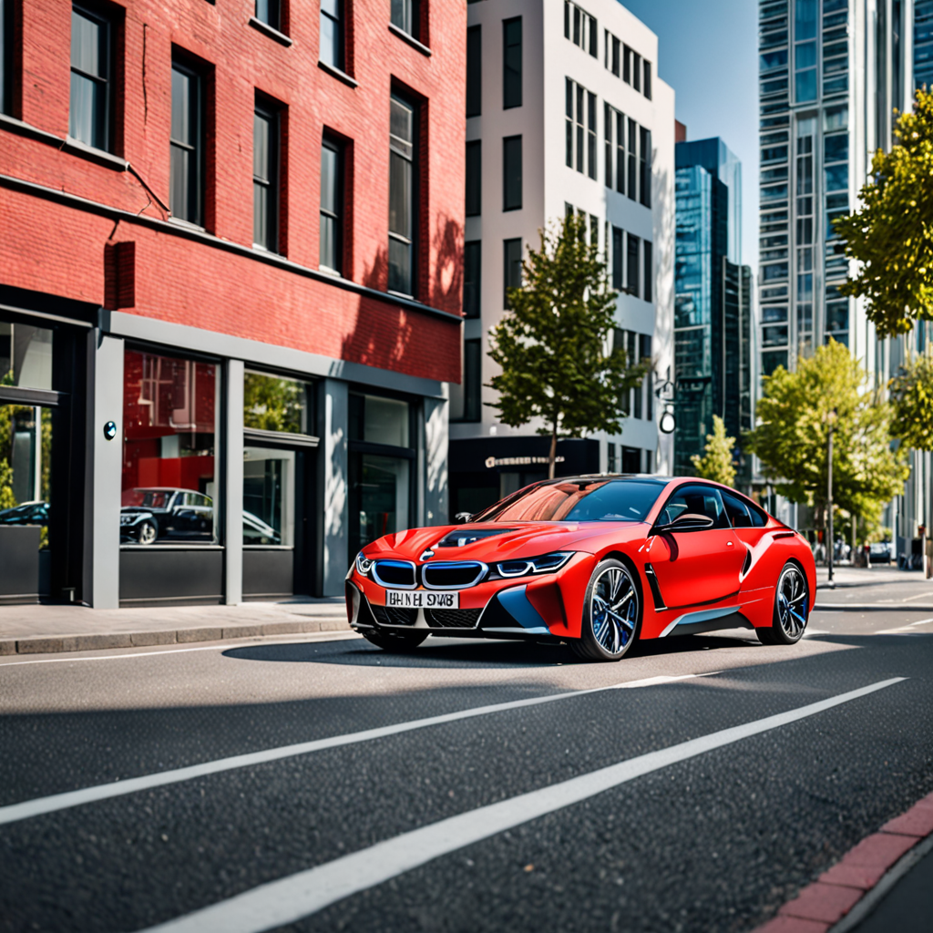Design a theme featuring a new electric red car in a city setting, with ...