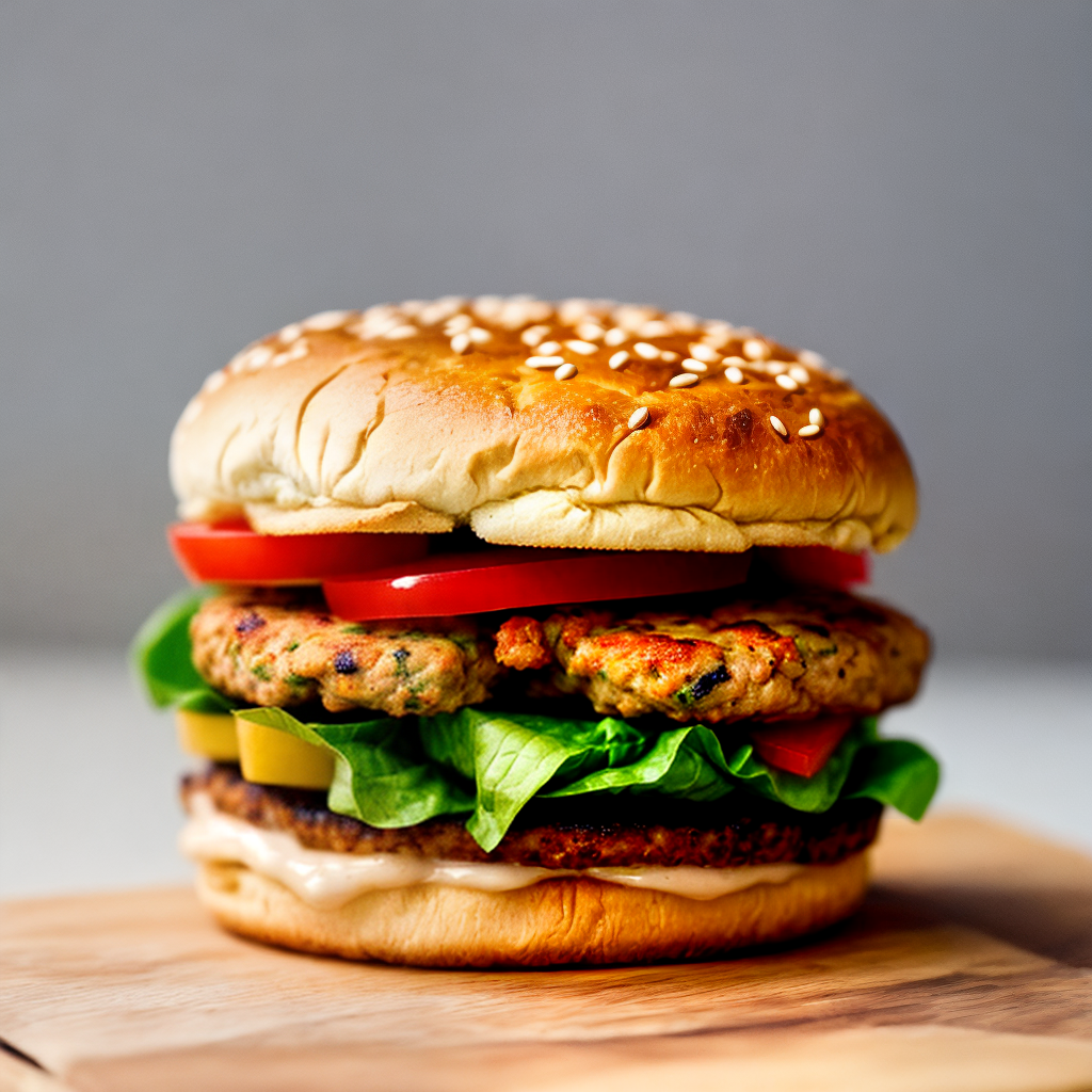ultra realistic portrait of a chicken burger. High res and ultra realistic