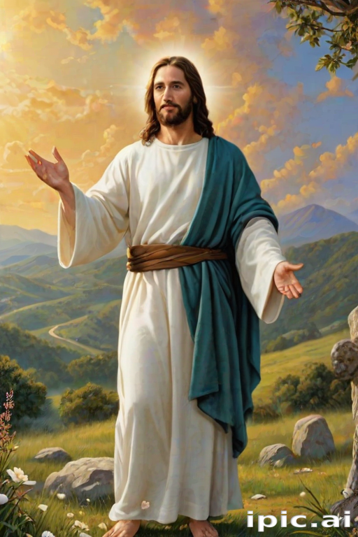Jesus Christ Welcoming Followers in a Serene, Lush Landscape at Sunrise