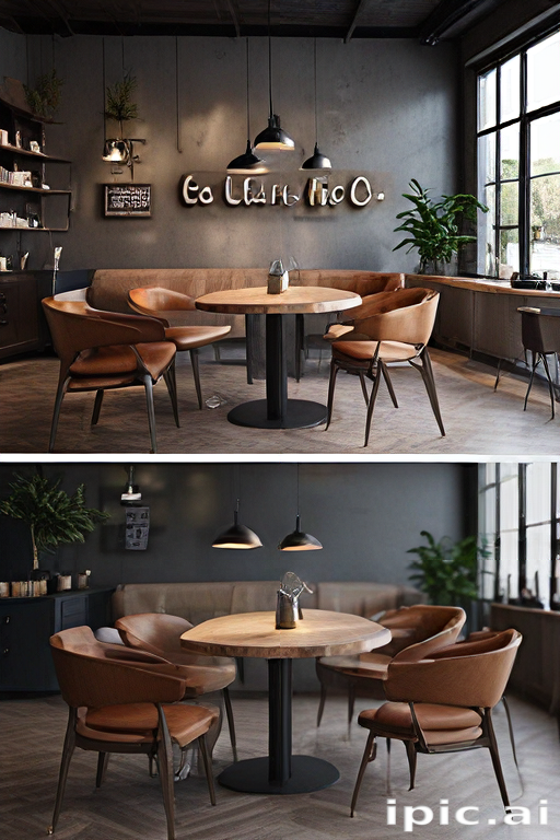 A Cozy Modern Café Interior Featuring Stylish Seating and Warm Lighting