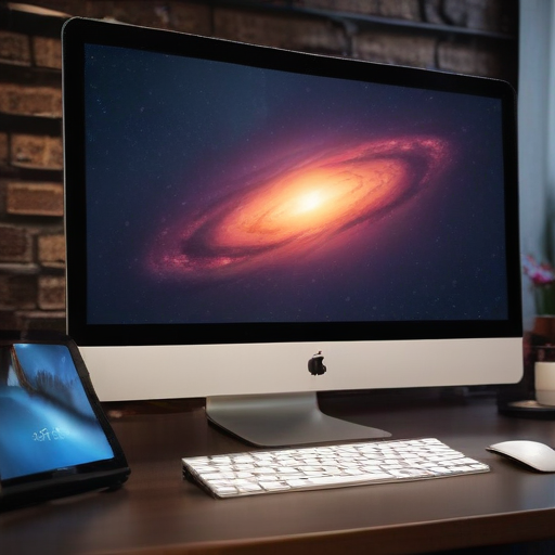 A Modern Workspace Featuring an iMac Displaying a Stunning Galaxy Image.