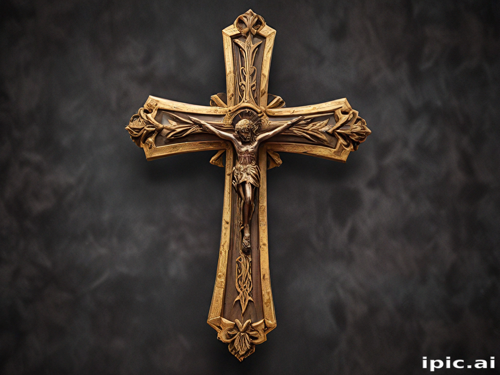 Ornate Wooden Crucifix with Intricate Details Against a Dark Background.