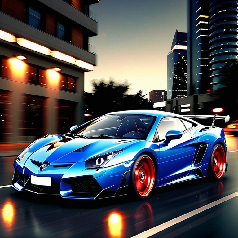 Vibrant Blue Sports Car Racing Through a Cityscape at Dusk