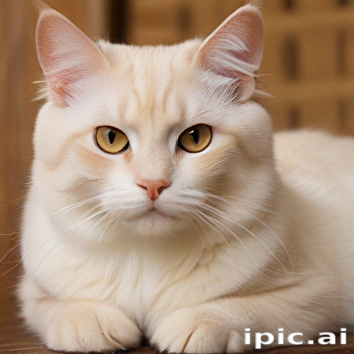 A Beautiful Cream-Colored Cat Relaxing Calmly on a Wooden Surface.