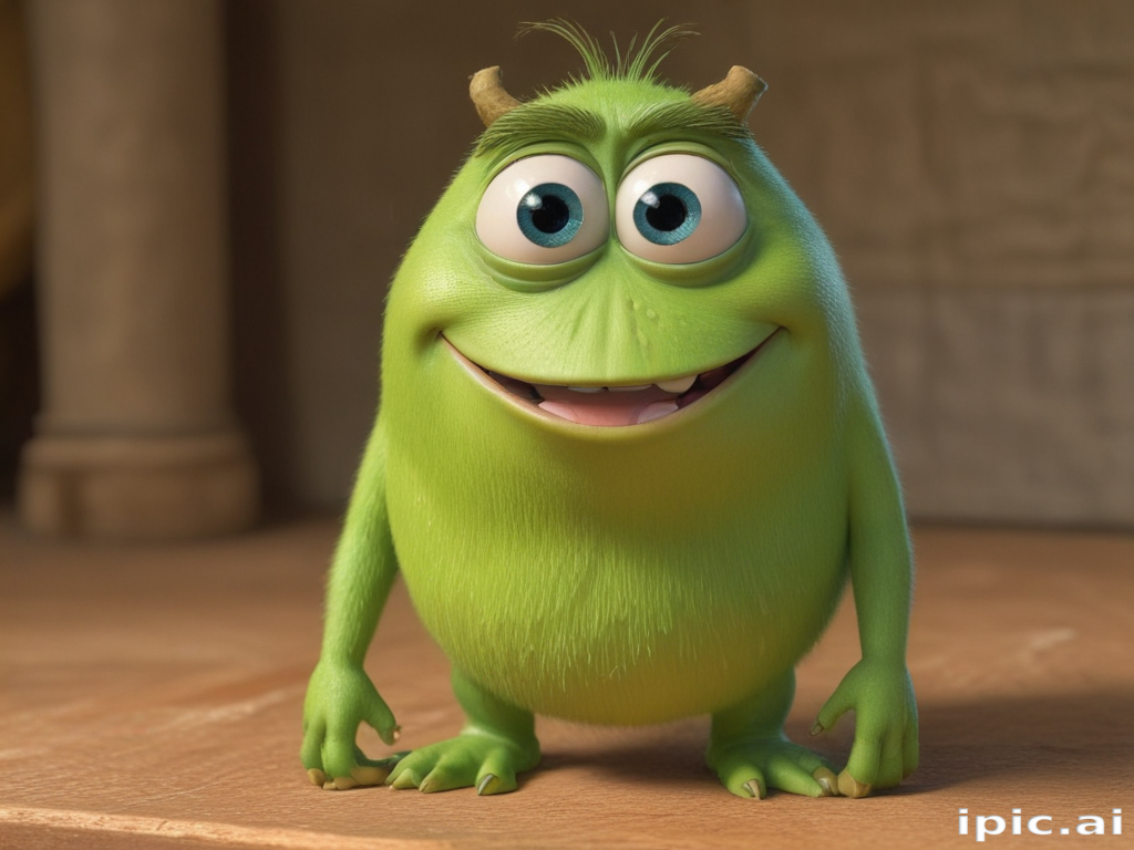 A Friendly and Playful Green Monster with Big Eyes and a Smile