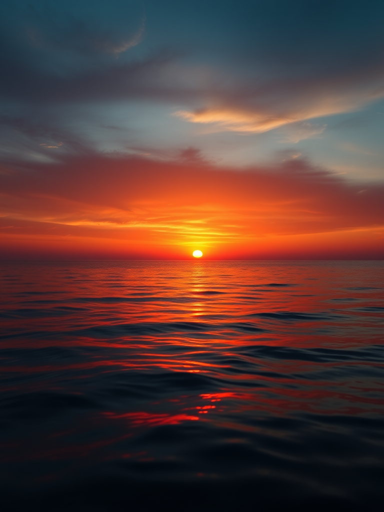 A vibrant sunset over a calm ocean, captured at f/8, ISO 100, 1/200s ...