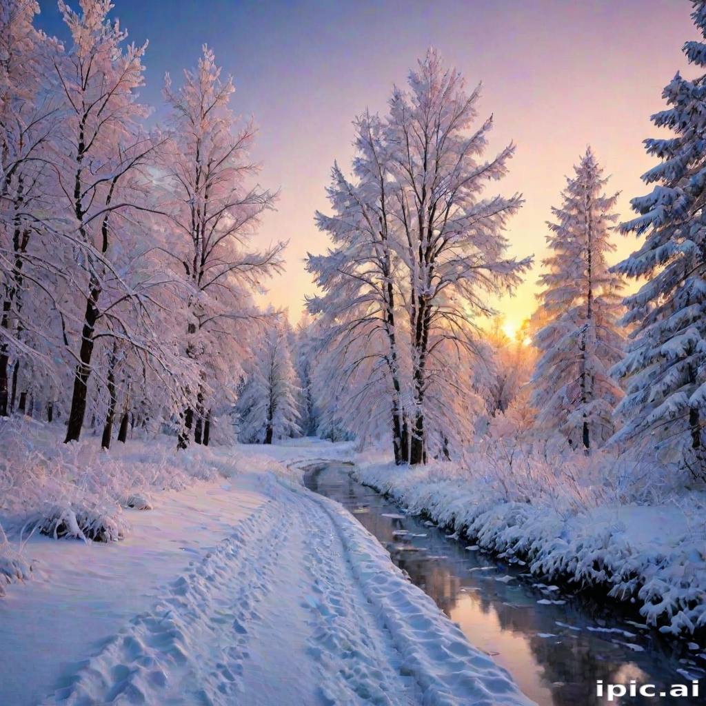 Serene Winter Landscape with Snow-Covered Trees and Reflective Stream ...