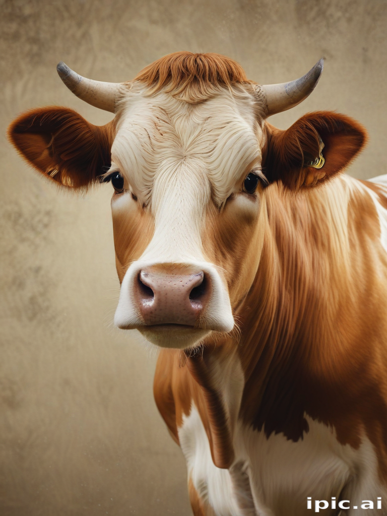 A Charming Portrait of a Brown and White Dairy Cow Against a Neutral ...