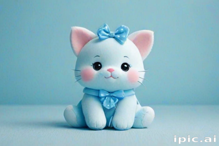 Adorable Blue Plush Cat with Bow Sitting Against a Soft Background