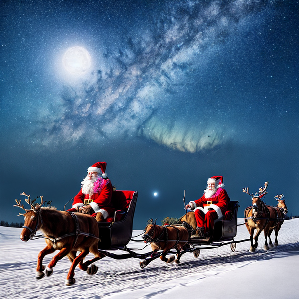 dramatic way of santa claus on his sled with reindeers by night only one